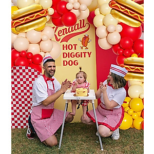 Woaipati Cute Hot Dog Balloon Garland Arch Kit，151PCS Red and Yellow Balloons, Creative Theme for Baby Shower Gender Reveal Boy Girl Birthday Cookout Fast Food Snacks Themed Party Decorations