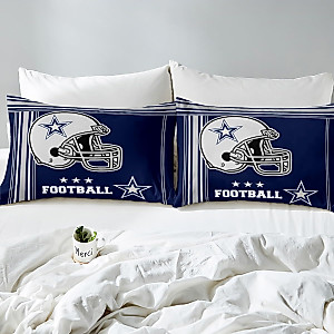 American Football Duvet Cover Set King Size,Western Texas Star Cowboy Football Sports Bedding Set,Boys Men Room Decor,Rugby Helmet Geometric Stripes Comforter Cover,Blue Quilt Cover,2 Pillowcases