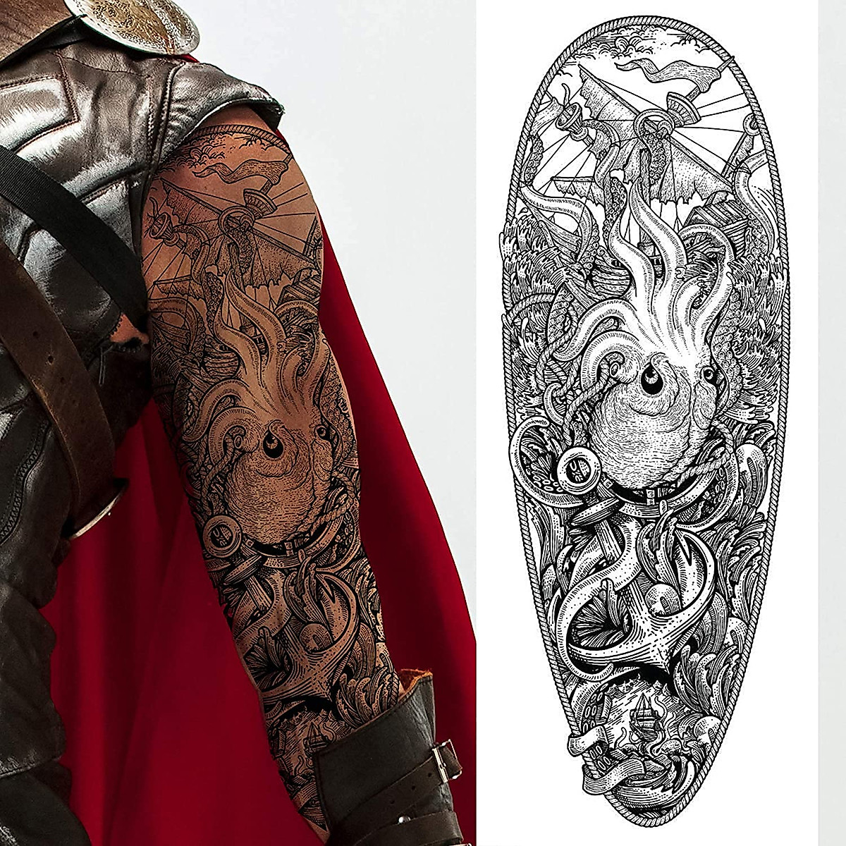 Tatodays 2 x Temporary tattoo full arm caribbean pirate kraken stick on body art transfer for women and men cosplay halloween adult temp tattoo for arms fancy dress