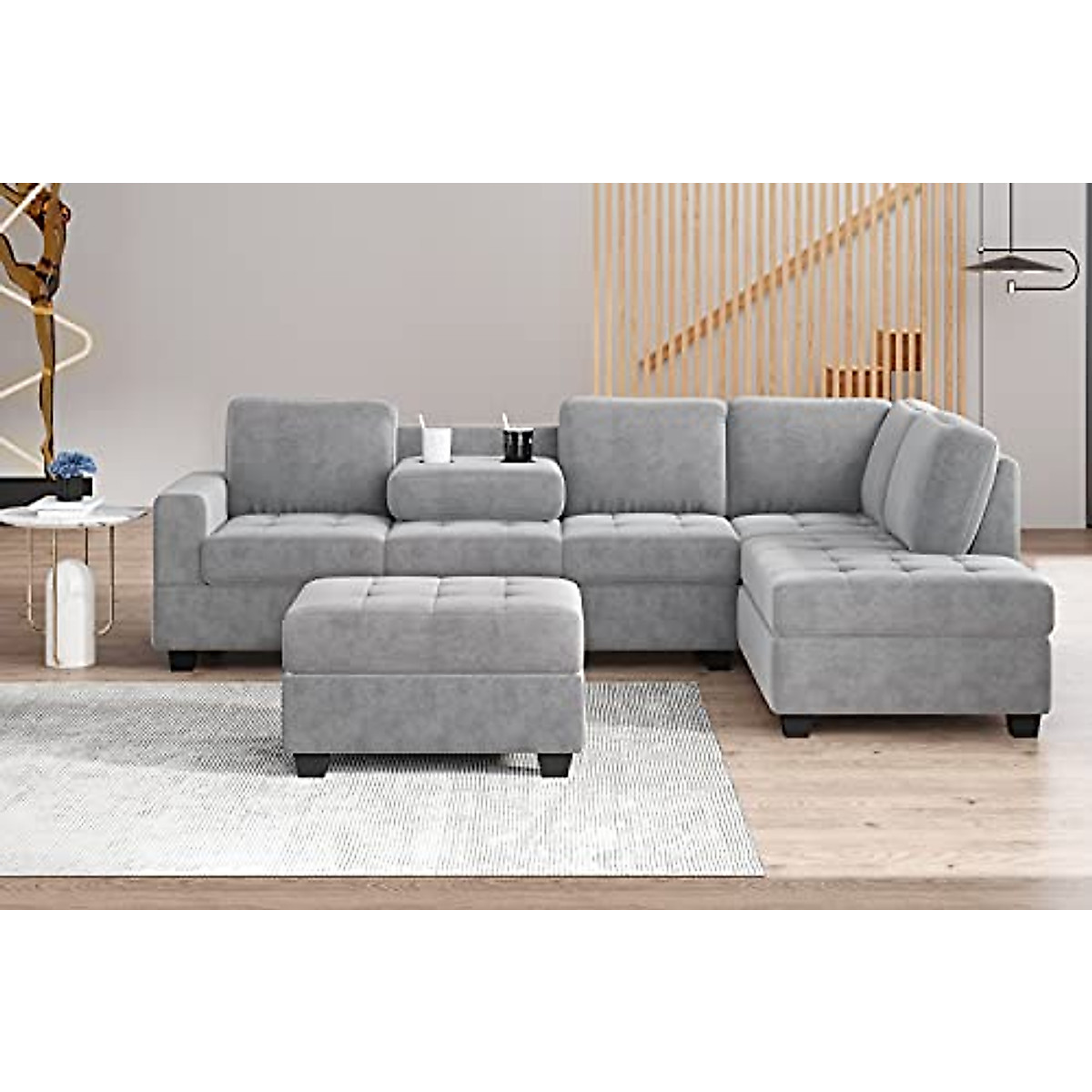 Verfur Fabric Upholstery Convertible Sectional Sofa with Reversible Chaise, L Shaped Couch with Storage Ottoman and 2 Cup Holders Corner, Light Gray 112"