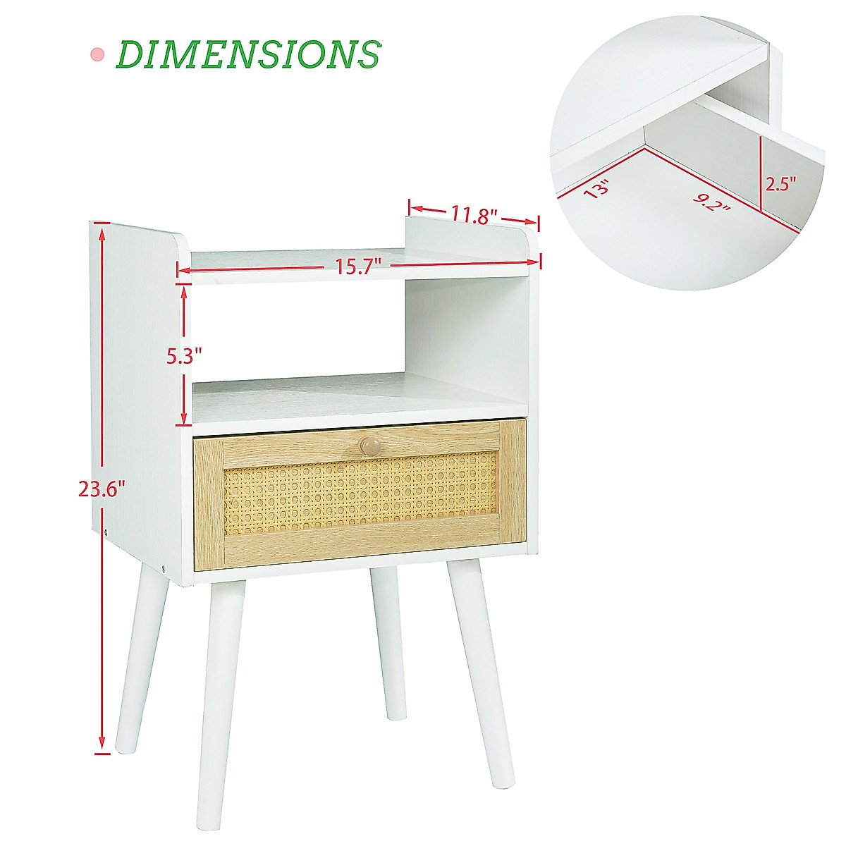 RKVPCNE Rattan Nightstand Night Stands Bedside Table, Boho Nightstands Natural Wood Nightstand End Tables with Solid Wood Legs & Drawer, Open Storage Shelf Side Tables Bedroom Small Space, White