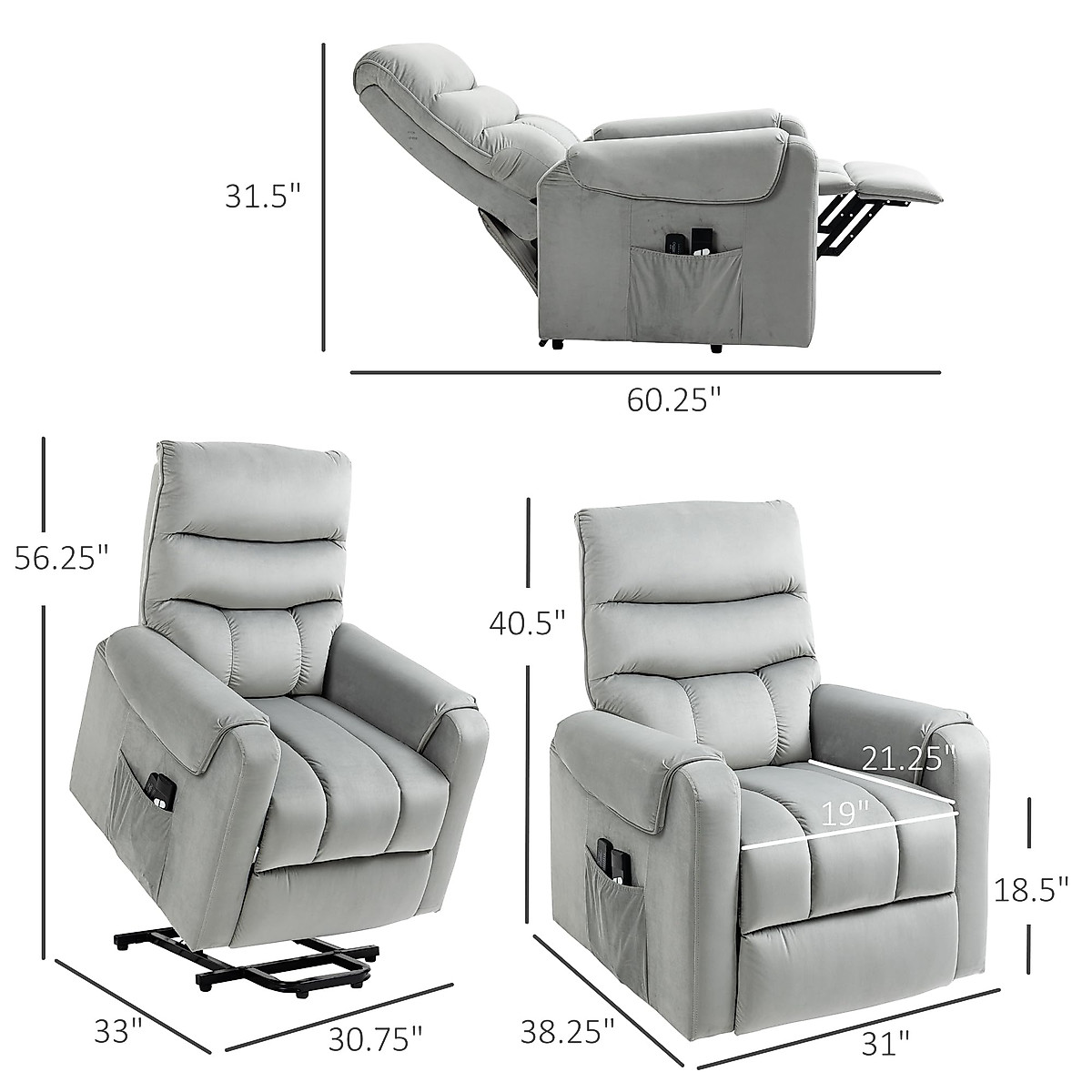 HOMCOM Power Lift Chair, Velvet Touch Upholstered Recliner Chair for Elderly with Vibration Massage, Remote Control, Side Pockets, Grey