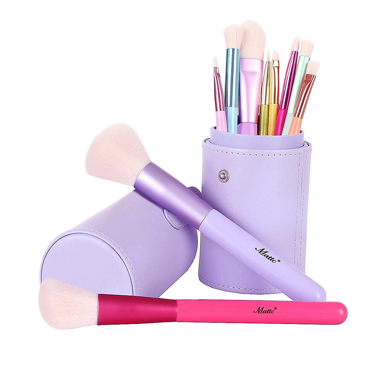 Matto Makeup Brushes 10-Pieces Colorful Wood Handles Synthetic Hairs Makeup Brush Set with Cosmetic Brush Holder