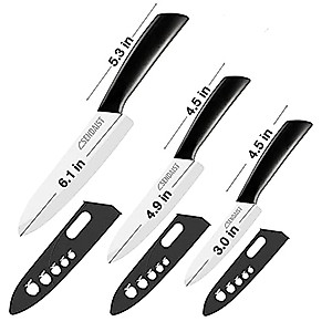SENDAIST Set of 3 Sharp Ceramic Kitchen Knives With Anti-slip handle & sheath – 6” Chef Knife, 5” Utility Knife and 3'' Fruit Knife