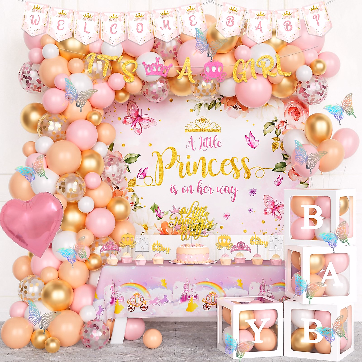 Fiesec Princess Baby Shower Decorations, A Little Princess Is On Her Way Baby Shower Backdrop Banner Balloon Tablecloth Cake Cupcake Topper Box Cutout Crown for Girls Baby Shower Gender Reveal