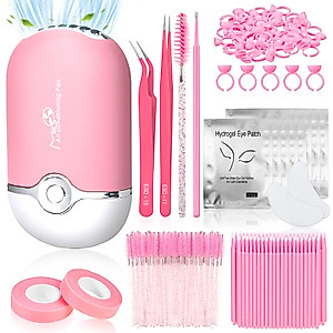 Modacraft Eyelash Extension Supplies Kit for Beginners with USB Air Conditioning Blower 2 Lash Tweezers, 100 Mascara Brushes, 50 Micro Applicators 50 Ring Cup Holders, 2 Tapes 10 Eye Gel Pads