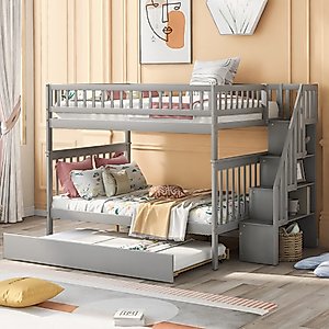Merax Full Over Full Bunk Bed with Trundle, Wood Full Bed Frame with Staircase, Storage Space, and Guard Rail for Teens, Adults, Suitable for Bedroom, Dorm, Grey