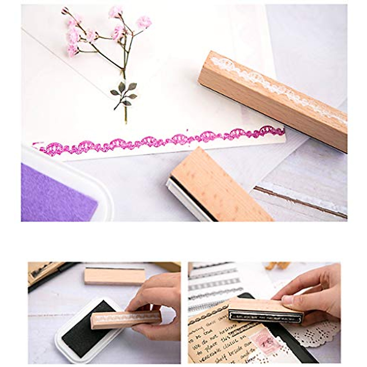 ALIMITOPIA Diary Stamp Set,Wooden Rubber Flower Signet Stamps for Children DIY Scrapbooking Planner Card Making(10pcs,Lace B)