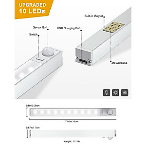 Under Cabinet Lights, LED Motion Sensor Light, USB-C Rechargeable 10 LED Closet Lights Wireless Magnetic Stick-Anywhere Night Light for Kitchen, Wardrobe, Closets, Cupboard, Stairs