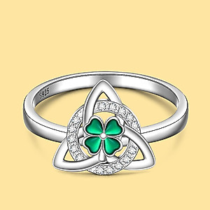 St Patricks Day Shamrock Ring Clover Ring for Women Sterling Silver Clover Rings Green Irish Lucky Friendship Leaf Celtic Knot Cubic Zirconia Triangle Jewelry Size 8