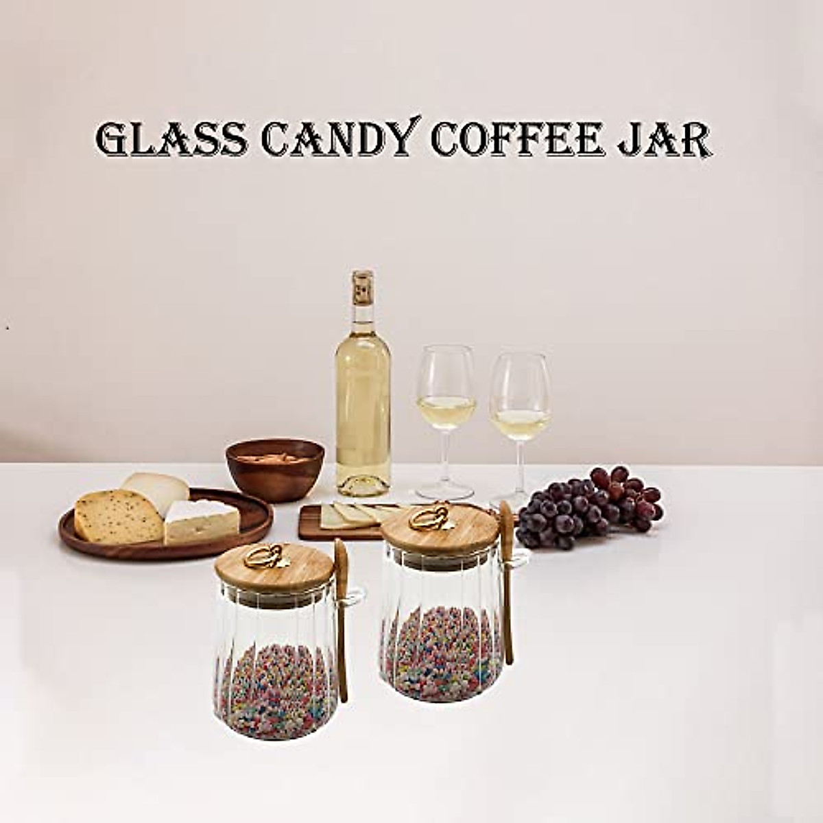 WEIRUIFANZHI 2 Pack Small Glass Coffee Jars set Canister with Bamboo Lid&spoon Petal Decorative Container with Metal Handle&scoop Airtight Storage jar Easy to Grasp for Nuts,Tea,Candy,Cookies(23.7OZ)