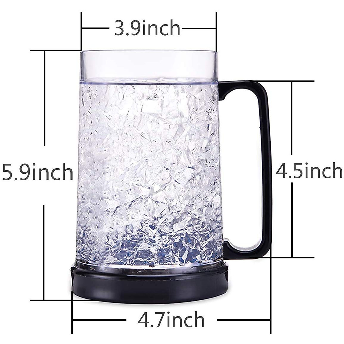 Patiomos Drinking Glasses Cups, Double Wall Gel Freezer Beer Mugs, Freezer Ice Mugs Cups, 16oz, Plastic Cooling Beer Mug Clear Set of 4 (2Blue and 2Black)
