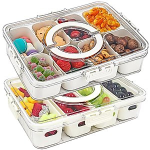 2 Pack Divided Serving Tray with Lid and Handle, 12 Compartments Snackle Box Charcuterie Container for Portable Snack Platters Clear Organizer for Candy Fruits Veggie Snacks Party Entertaining Picnic