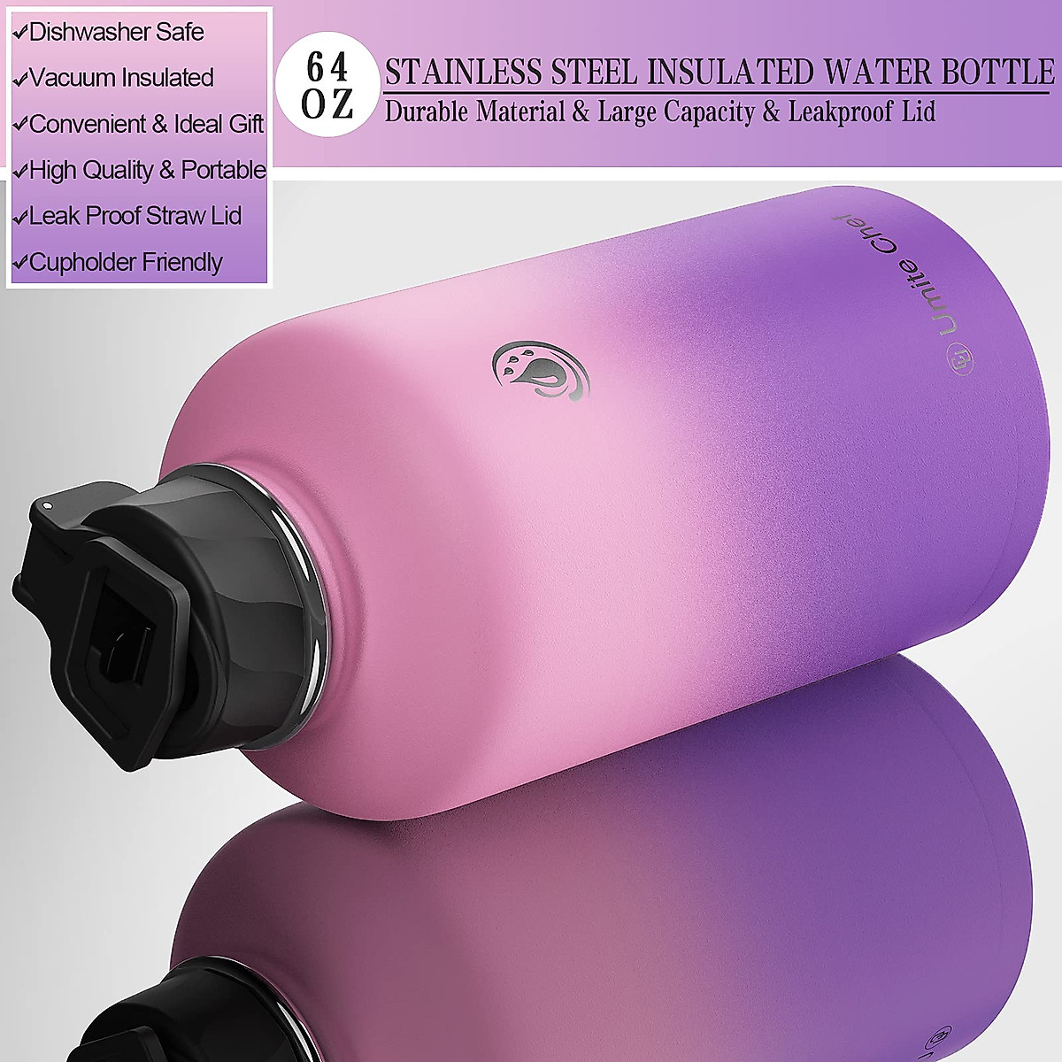 Umite Chef Stainless Steel Water Bottle with Straw, 64 OZ Wide Mouth Vacuum Insulated Sports Water Thermos Bottle with Leak-proof Wide Handle Straw Lid, Double Walled Flask Thermos Mug(Love-hate)