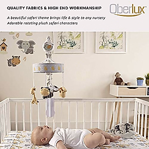 Oberlux Musical Baby Crib Mobile - Jungle Animal Safari Theme Baby Mobile for Crib, Baby Soother, Baby Toys, Crib Toys Animals, Gray, Tan,