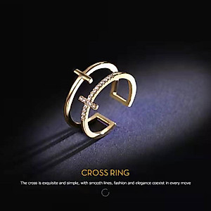 JINYISI Zircon Ring,Simple Double Layer Cross Open Ring,Double-Layer Crystal Finger Rings Stackable,Cubic Zirconia 925 Sterling Silver Ring,Adjustable For Women Bling Jewelry, Color