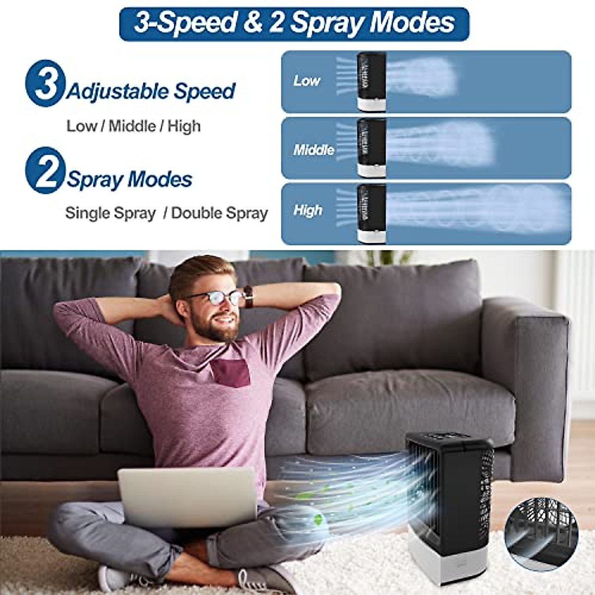 Portable Air Conditioners AC - Mini Air Conditioner, Personal Air Conditioner, 4000mAh Battery for Camping, Car, with Remote Control Night Light & Timing