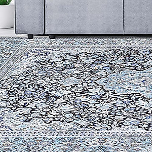 SUPERIOR Indoor Large Area Rug, Farmhouse Home Throw for Bedroom, Office, Living Room, Dining/Kitchen, Entry, Floral Medallion Floor Decor, Cotton Backed, Fiorella Collection, 10' x 14', Azure