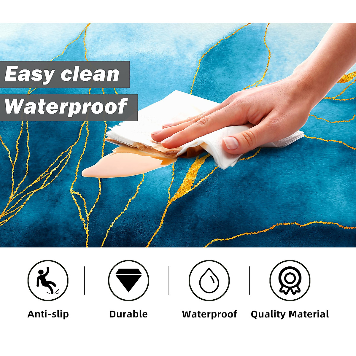 chiinvent Blue Kitchen Rugs Gold Stripes Modern Ink Art Decor Kitchen Floor Mat Cushioned Memory Foam Padded PVC Leather Heavy Duty Comfort Standing Runner Rugs, 17.3x28+17.3x47 inch