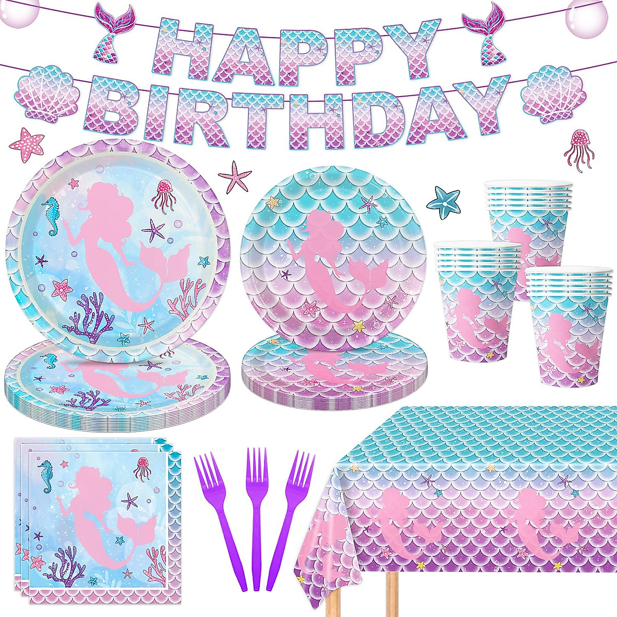 122Pcs Mermaid Birthday Party Supplies Mermaid Party Decorations Set Includes Plates, Napkins, Forks, Cups, Tablecloth, Banner for Girls Baby Shower Ocean Party Supplies, Serves 24