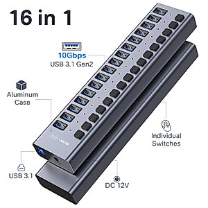 Powered USB 3.1 Hub, ACASIS 16 Ports USB 3.1 Hub with 10Gbps Data Speed，Aluminum Housing, USB Hub Powered with 96W Power Adapter, USB Hub for PC/Laptop, Computer, Flash Drive, Printer, Camera