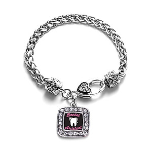 Inspired Silver - Dental Assistant Braided Bracelet for Women - Silver Square Charm Bracelet with Cubic Zirconia Jewelry