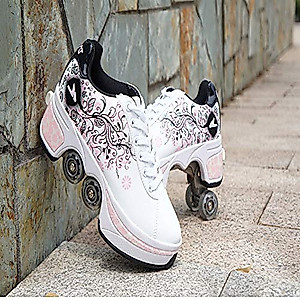 Mlyzhe Rollerskate Shoes Parkour Dual Skates Casual Retractable Deformation Roller Shoes Skating Shoes with Wheel Double-Row Outdoor Trainer Roller Skate Shoe for Women Boys Girls Wheels Shoes