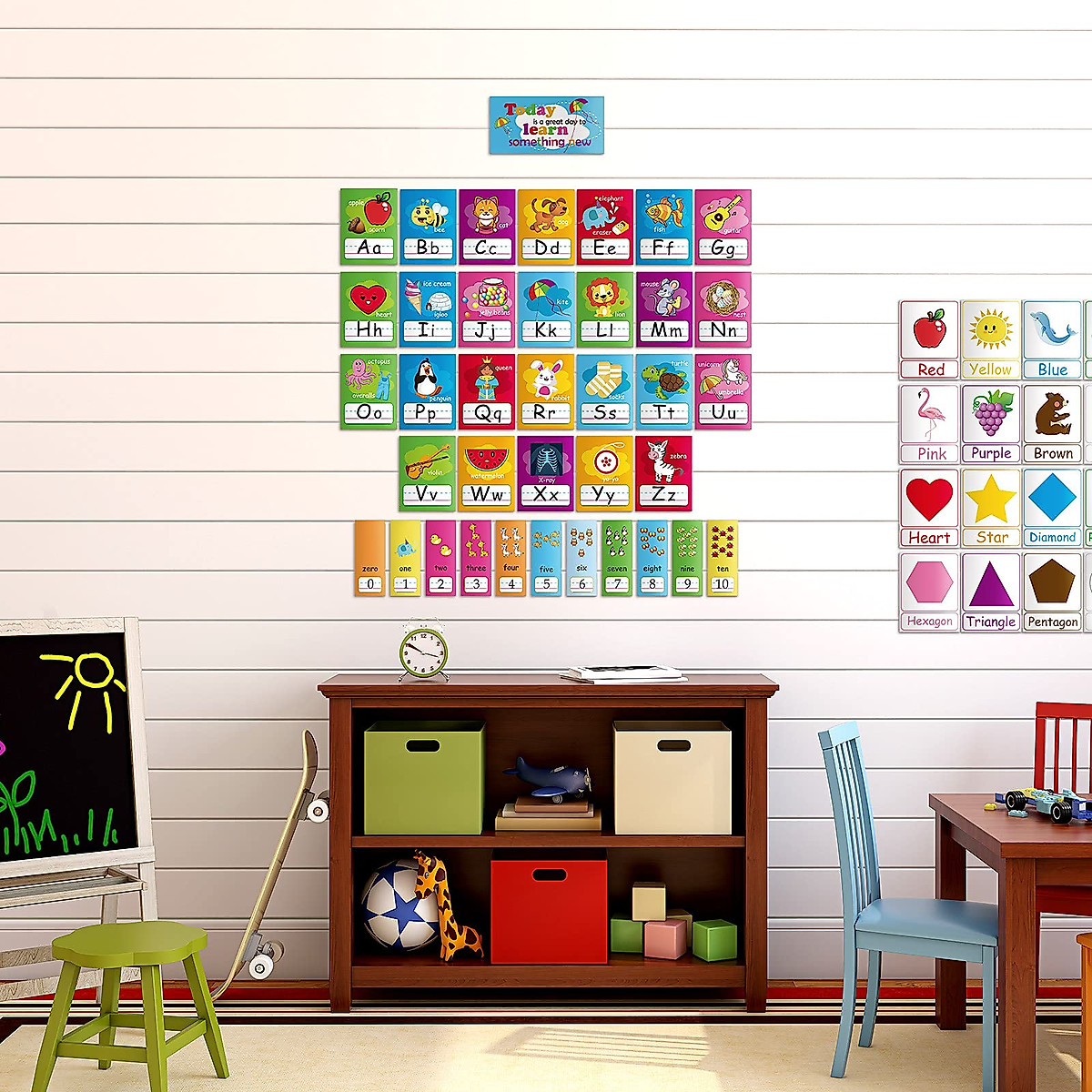 58 Pieces Educational Preschool Cards Kids Early Learning Poster Alphabet Number Colors and Shapes Bulletin Board Decoration Kindergarten Classroom Learning Card with Glue Point Dot (Rich Style)