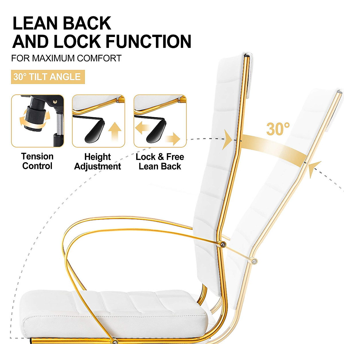 LUXMOD Ergonomic Office Chair, High Back Executive Chair in White Vegan Leather with Gold Accents, Adjustable Desk Chair with Back Support for Home Office(White)