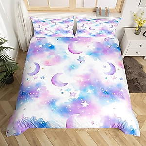 Manfei 2 Pieces Cartoon Moon Night 100% Nature Cotton Duvet Cover Not Comforter,Tie Dye Cloud Dreamy Starry Sky Bedding Set,Boys Girls Watercolor Gradient All Season Bedding with Zipper Closure Twin