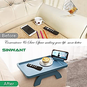 SINWANT Sofa Arm Clip on Tray Table,Bamboo Couch Table for Wide Side Table, Armrest with 360° Phone Holder,Portable TV Table,Sofa Eating and Drink Blue