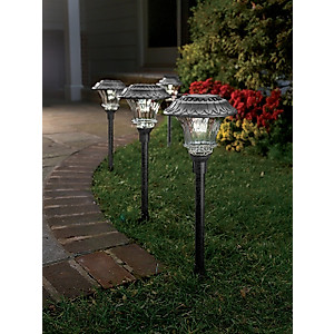 Set of 4 Solar Garden Path Lights – Glass and Powder Coated Cast Aluminum Metal – 6 Bright LED’s per Light - 35 Lumens Output per LED – Easy No Wire Installation - Outdoor All Weather, Pewter