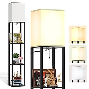 PESRAE Floor Lamp with Shelves by Solid Wood, Modern Shelf Floor Lamp with 3 Color Temperature, Linen Lampshade and Storage Shelves for Living Room, Bedroom, Bulb Included, Matte Black