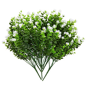 Artificial Outdoor Flowers with Eucalyptus Leaves for Gardens (White, 6 x 13.5 Inches, 8 Bundles)