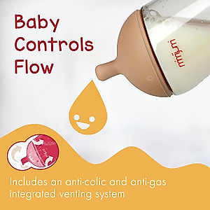 mimijumi Baby Bottle Very Hungry 8 oz Bottle with Slow Flow, Lighter Nipple - Medical Grade Silicone Anti-Colic Baby Bottles for Breastfed Babies - Newborns 0-6 Months