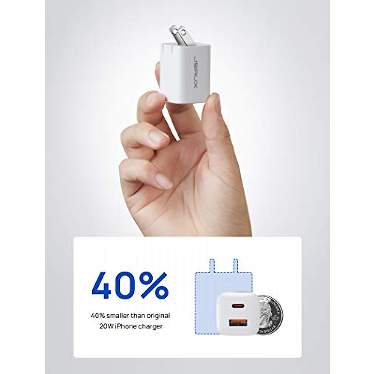 USB C Charger Block, JSAUX 20W Dual Port Fast Charger, USB Type C PD and QC 3.0 Foldable Wall Charger Plug Mini Adapter for iPhone 14 13 12 Pro Max SE, Apple Watch Series 7, iPad Pro Air, Airpods