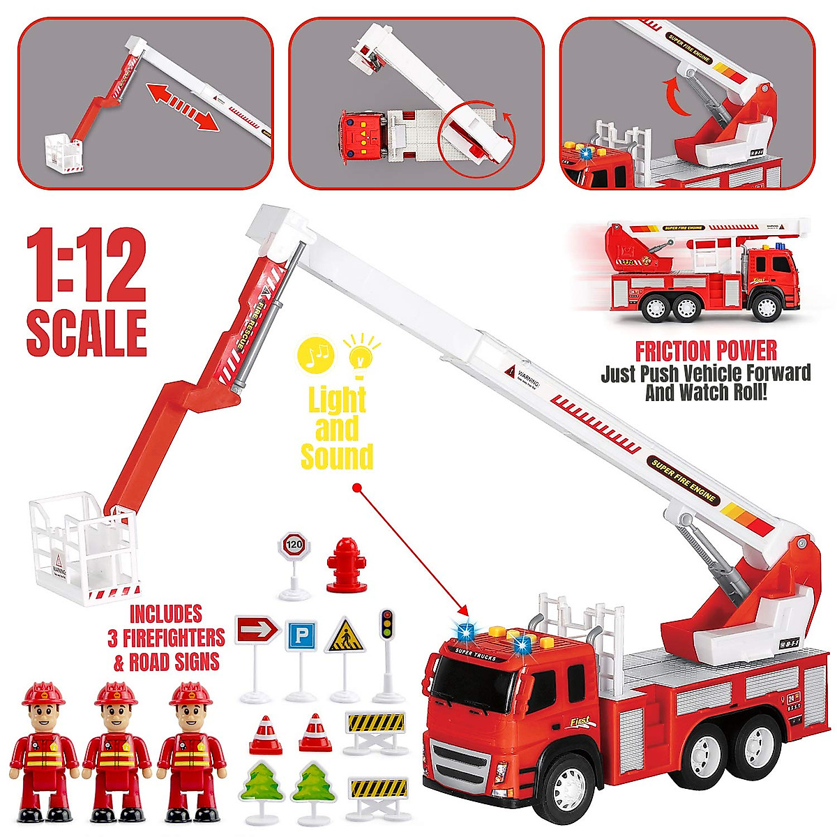 Fire Truck Playset - 1:12 Scale Large Size Toys - Realistic Fire Engine, 3 Firemen, Road Signs, Lights, Sounds - Friction-Powered Fire Truck Toys for 3 Year Old Boys, Girls, Toddlers Age 3 4 5
