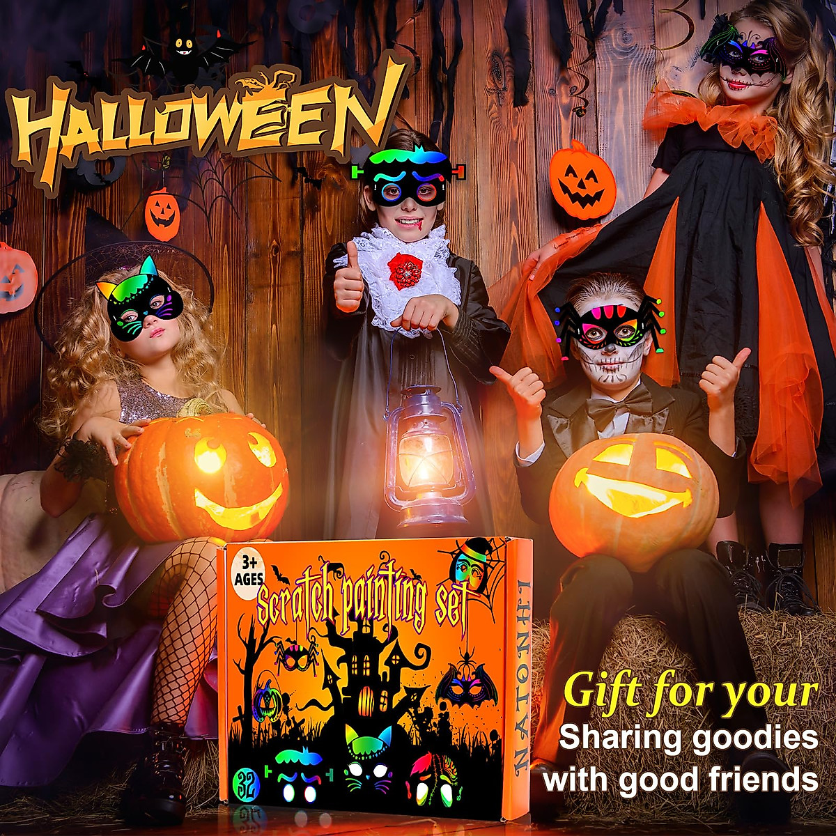 Natonhi 32Pcs Halloween Crafts for Kids Rainbow Scratch Mask, Halloween Games Scratch Art and Craft Kit Halloween Classroom Activities Favors Party Supplies