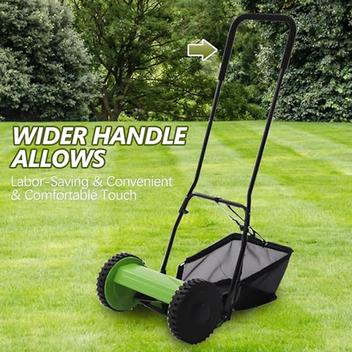 12" 5-Blade Reel Manual Push Lawn Mower with Grass Catcher, Adjustable Cutting Handle Height, Green