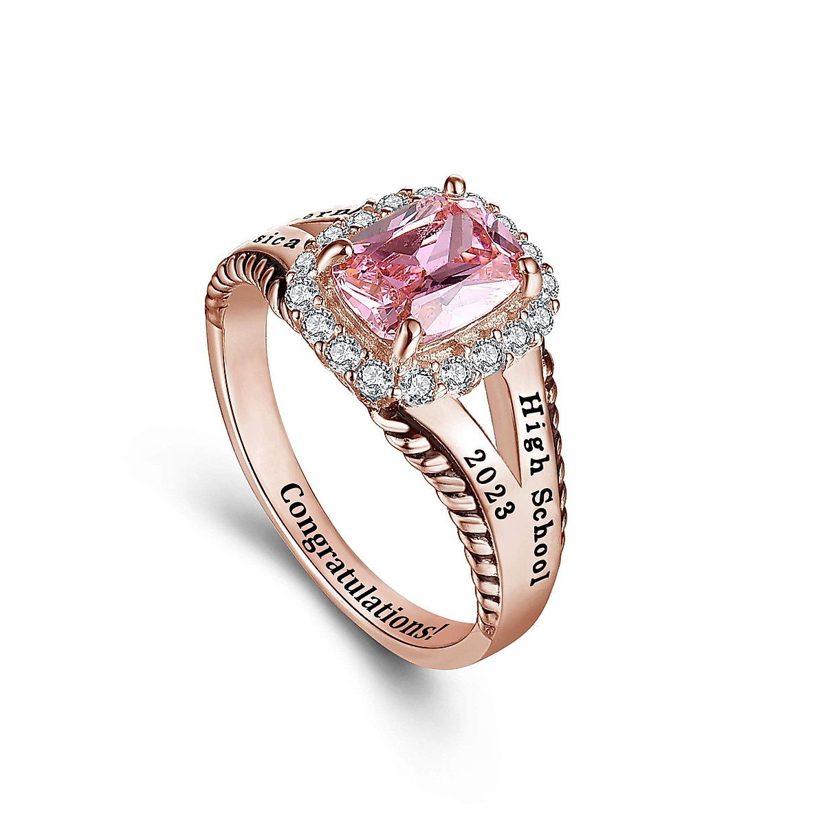 Customized Sterling Silver Women High School and College Class Ring – Style Collection – MEMENTOS JEWELRY (Sterling Silver Rose Gold Plated)