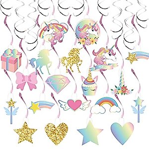 PartyWoo Unicorn Hanging Swirls Streamers, 30 pcs Unicorn Swirl Decorations Pack of 20 Hanging Swirls with Cutouts and 10 Double-Swirls for Unicorn Party Decorations, Unicorn Birthday Decorations
