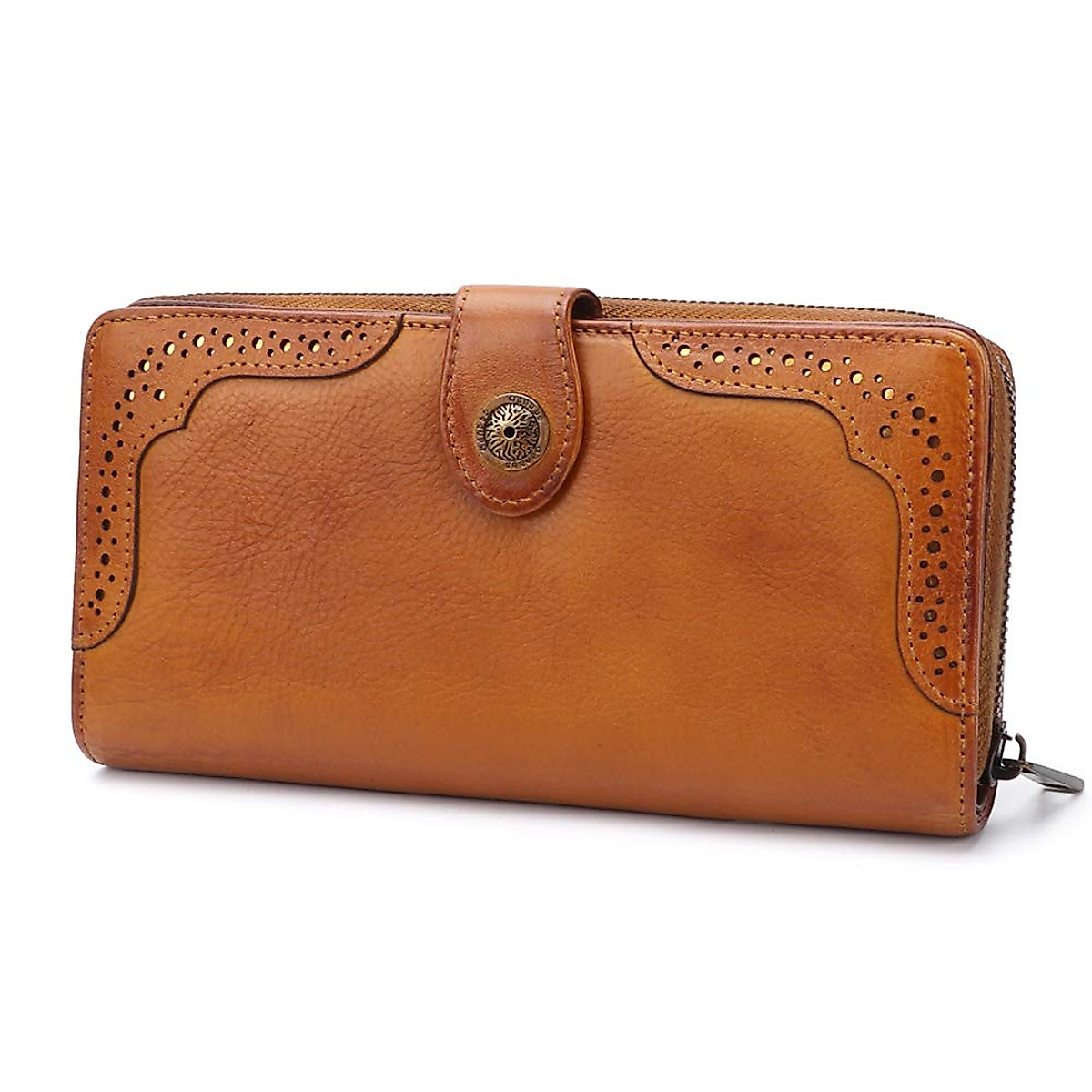 Women Wallet Genuine Leather Long Purse Zip Around Vintage Cowhide Handmade Clutch Card Holder Organizer (Brown)