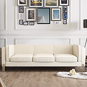 Hommoo 94" W 3 Seat Couch Mid Century Velvet Sofa with Metal Gold Legs Chesterfield with Removable Cushion Comfortable Sofa Couch for Small Apartment Living Room Bedroom Beige