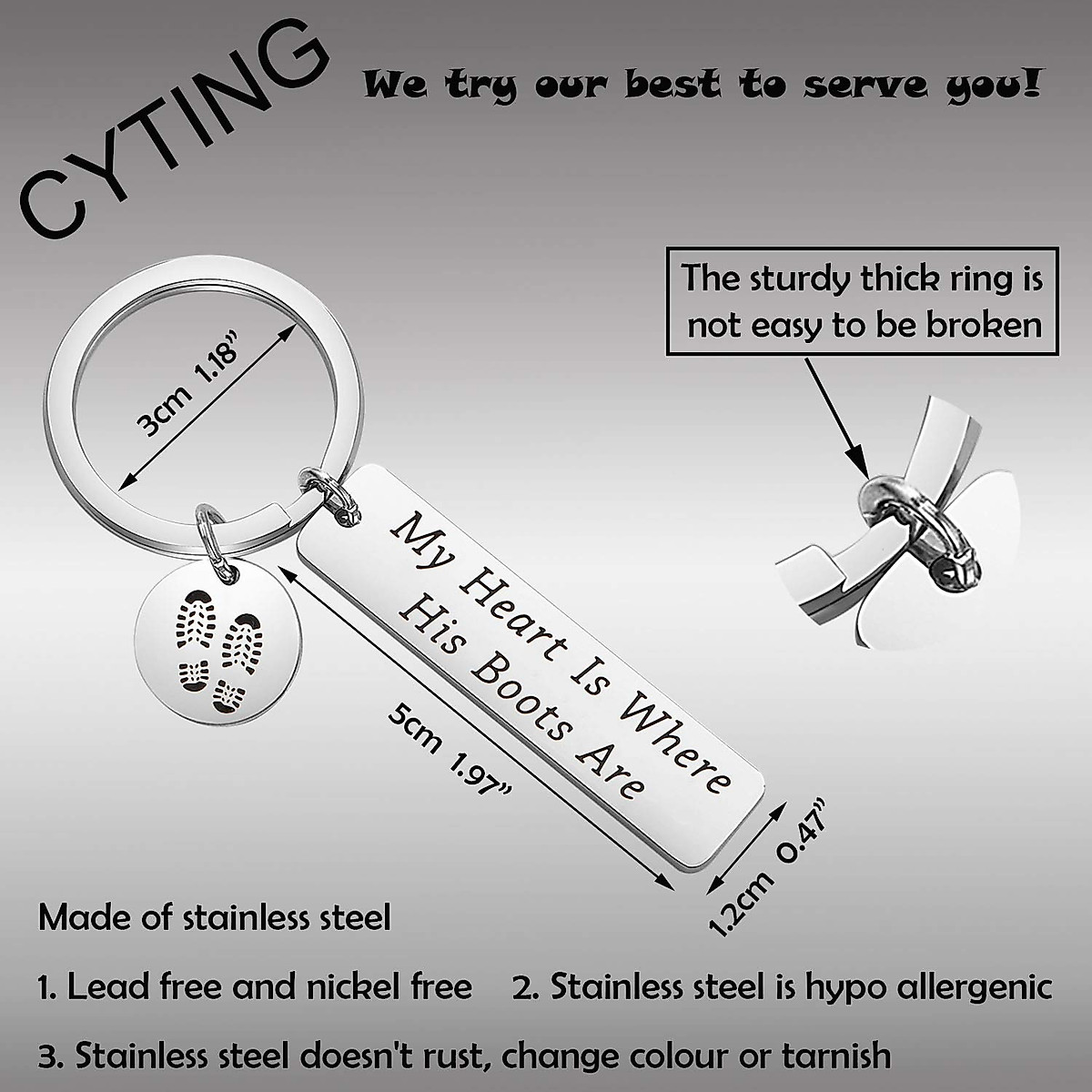 CYTING Military Gift My Heart Is Where His Boots Are Army Keychain Deployment Jewelry Gift For Soldier Military Wife/Mom (My Heart Is Where His Boots Are)