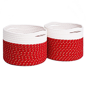 LixinJu Small Baskets for Organizing Small Woven Basket Set of 2 Red Small Rope Basket Set with Handle for Toy Cotton Round Storage Kids Baby Dog Cat Gifts, 9.5"x9.5"x7"