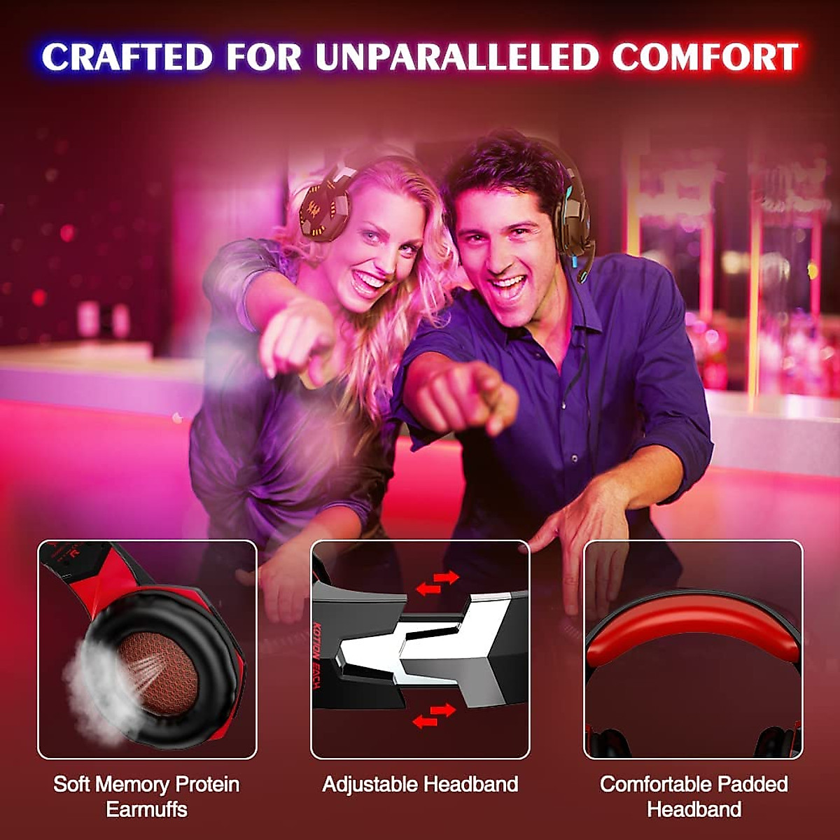 VersionTECH. G2000 Gaming Headset, Bass Surround Gaming Headphones with Noise Cancelling Mic, LED Lights, Soft Memory Earmuffs for PS5/ PS4/ Xbox One Controller/Laptop/PC/Mac/Nintendo NES Games-Red