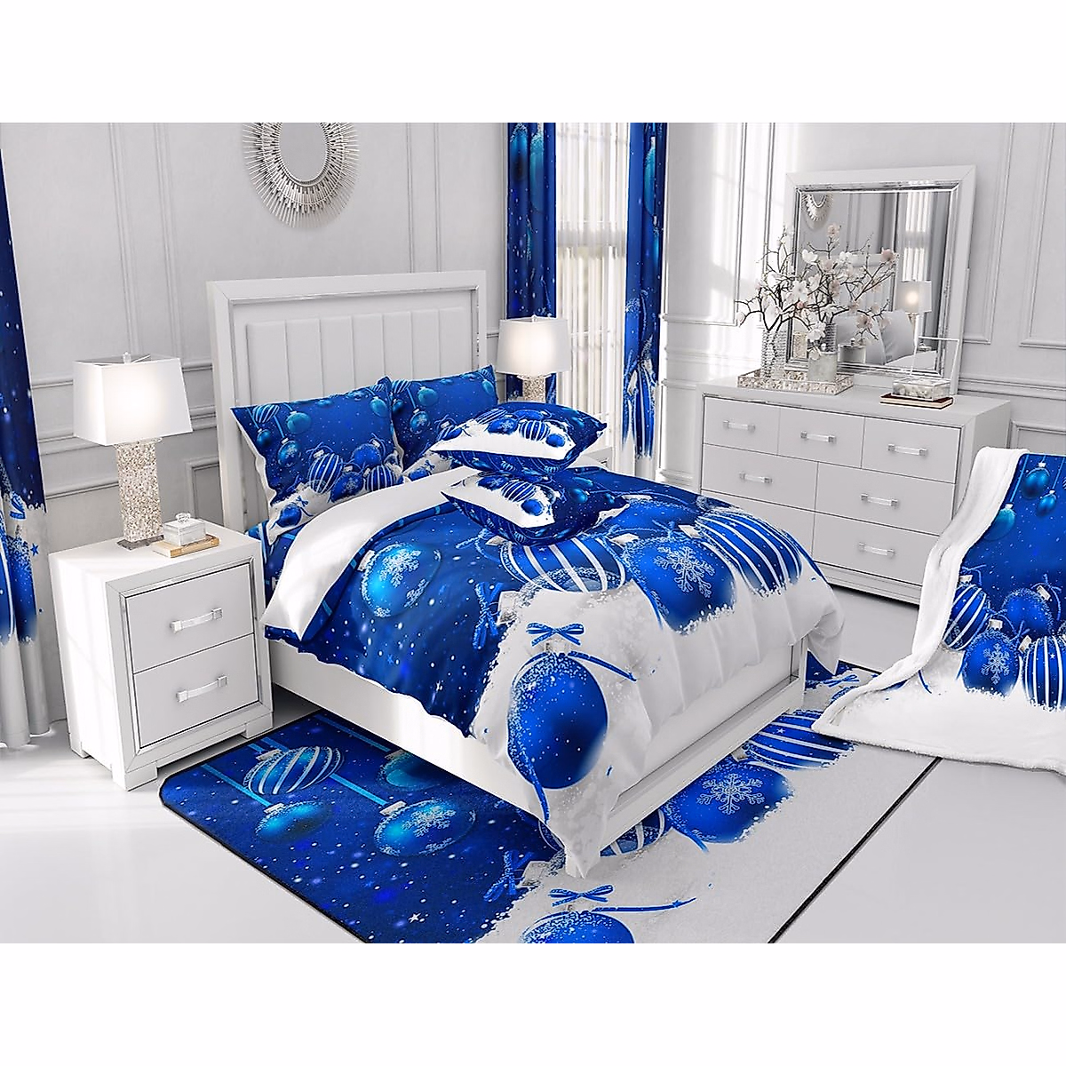 Christmas Bedding Set,Blue Christmas Snowflake Duvet Cover for Kids Teens Boys Girls,Xmas Theme Comforter Cover Decorative Room,Winter Snowflake Quilt Cover with 2 Pillowcases,King Size