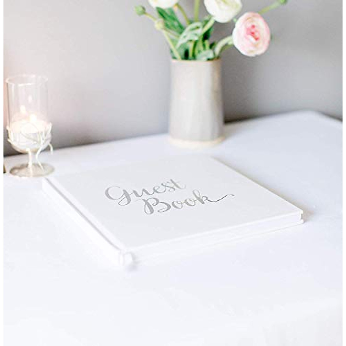 Wedding Guest Book Silver Guestbook - Blank NO Lines - Memory Signature Message Book - Birthday Engagement Party - White Paper Ribbon & Foil Stamping - Thick Paper 32 Page/64 Side Square
