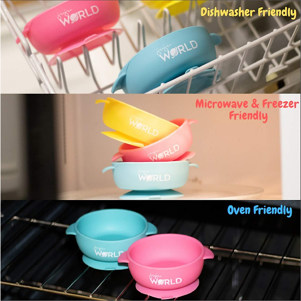 Juju World 3 Baby Bowls with High Suction Base Set - Great for Feeding Kids & Toddlers - Fridge, Microwave & Dishwasher Compatible - Eco-Friendly, BPA Free Silicone