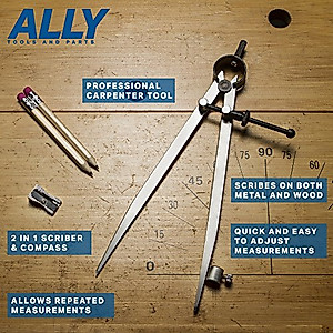 ALLY Tools 8 Inch Precision Locking Spring Divider/Woodworking Compass with Pencil Holder INCLUDES Two Pencils and Pencil Sharpener Ideal for Drawing, Drafting, Carpentry